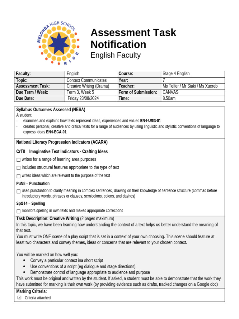 2024 - Year 7 - Assessment Task 3 Notification | PDF