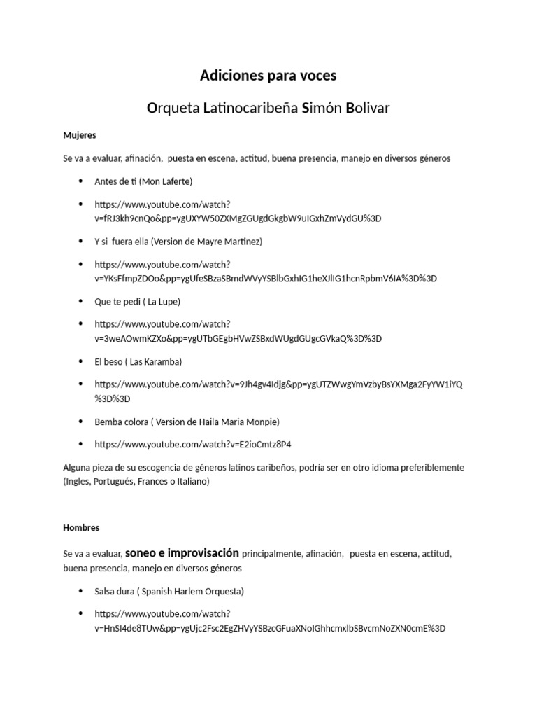 Audiciones para Voces OLSB | PDF