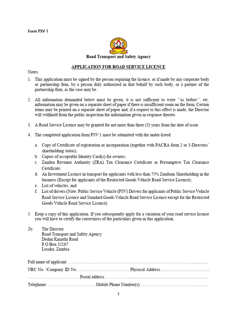 Road Service Licence Application Form PSV 1 2022 | PDF | License