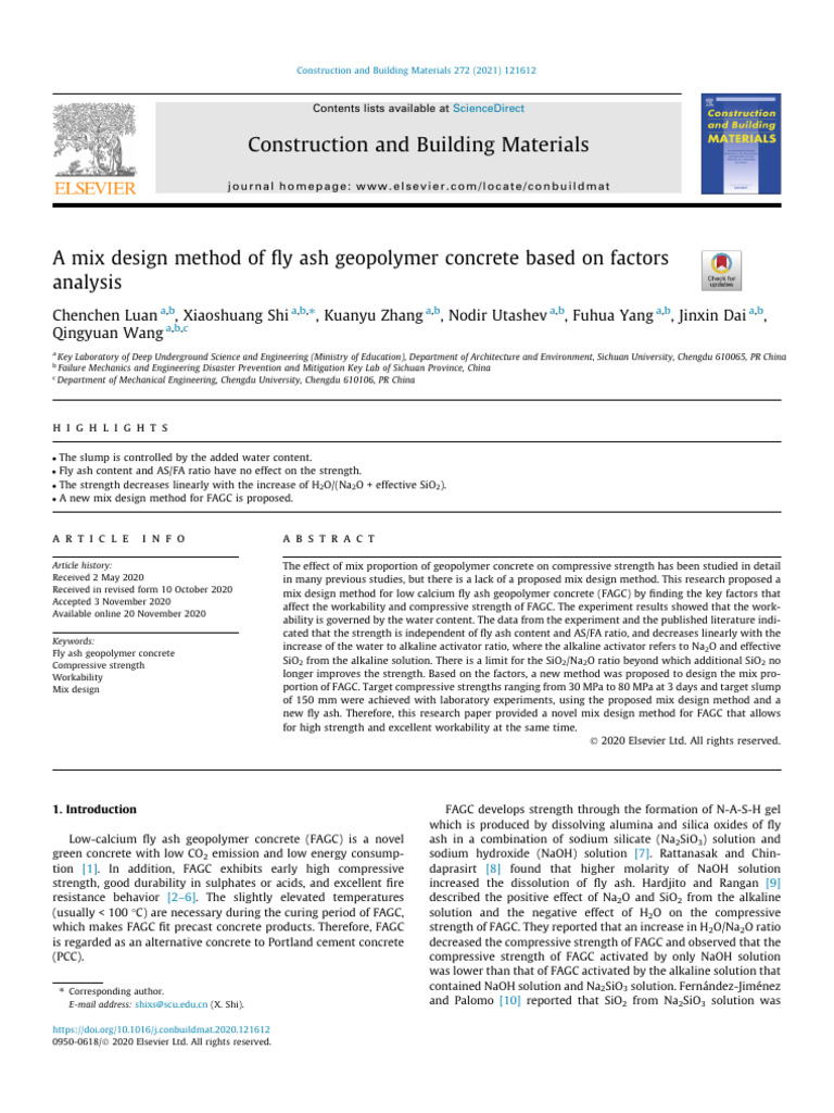 A Mix Design Method of Fly Ash Geopolymer Concre 2021 Construction and ...