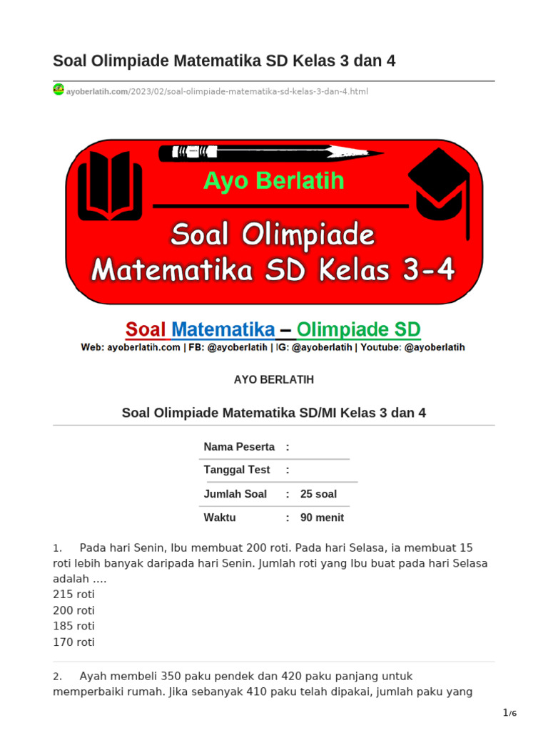 Soal Olimpiade Matematika SD Kelas 3 dan 4 (1) | PDF