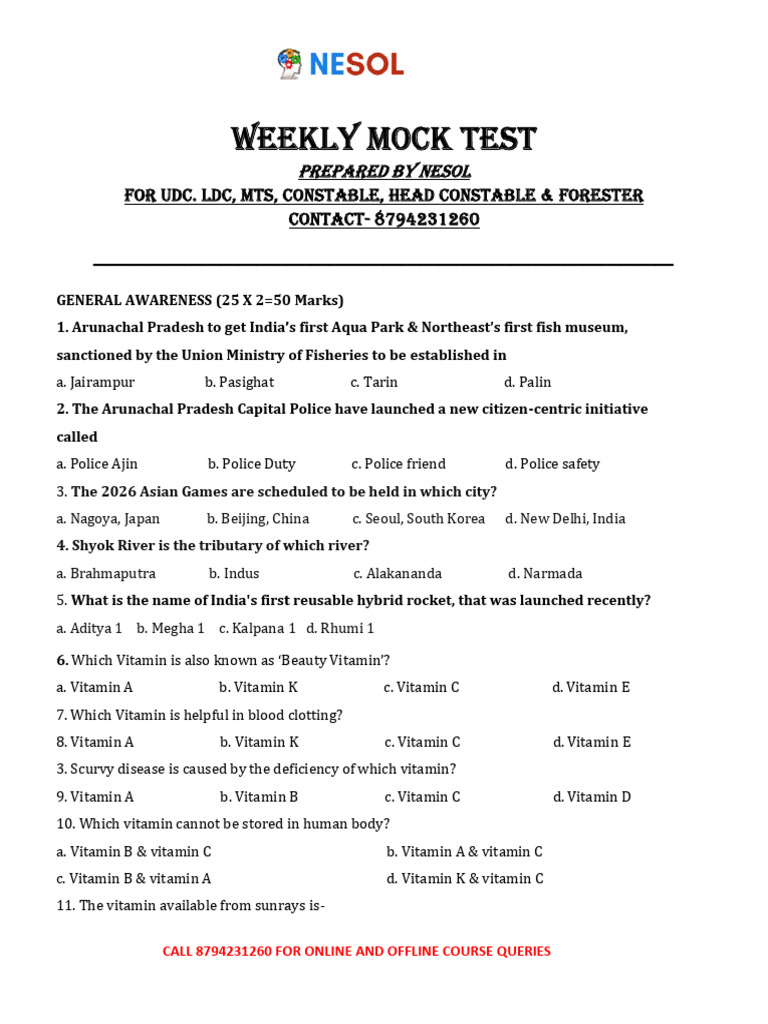 Weekly Mock Test 31 August 2024 | PDF