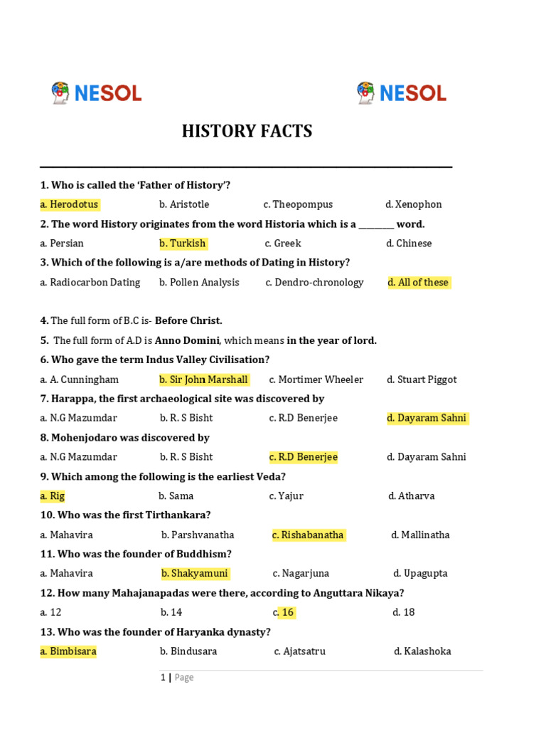 History Mcqs Answer Keys | PDF