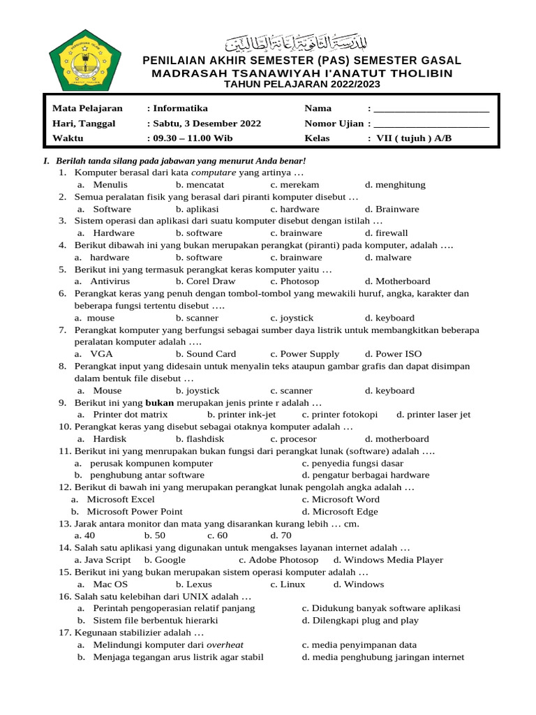 Soal Informatika Pas Gasal 2022-2023 | PDF
