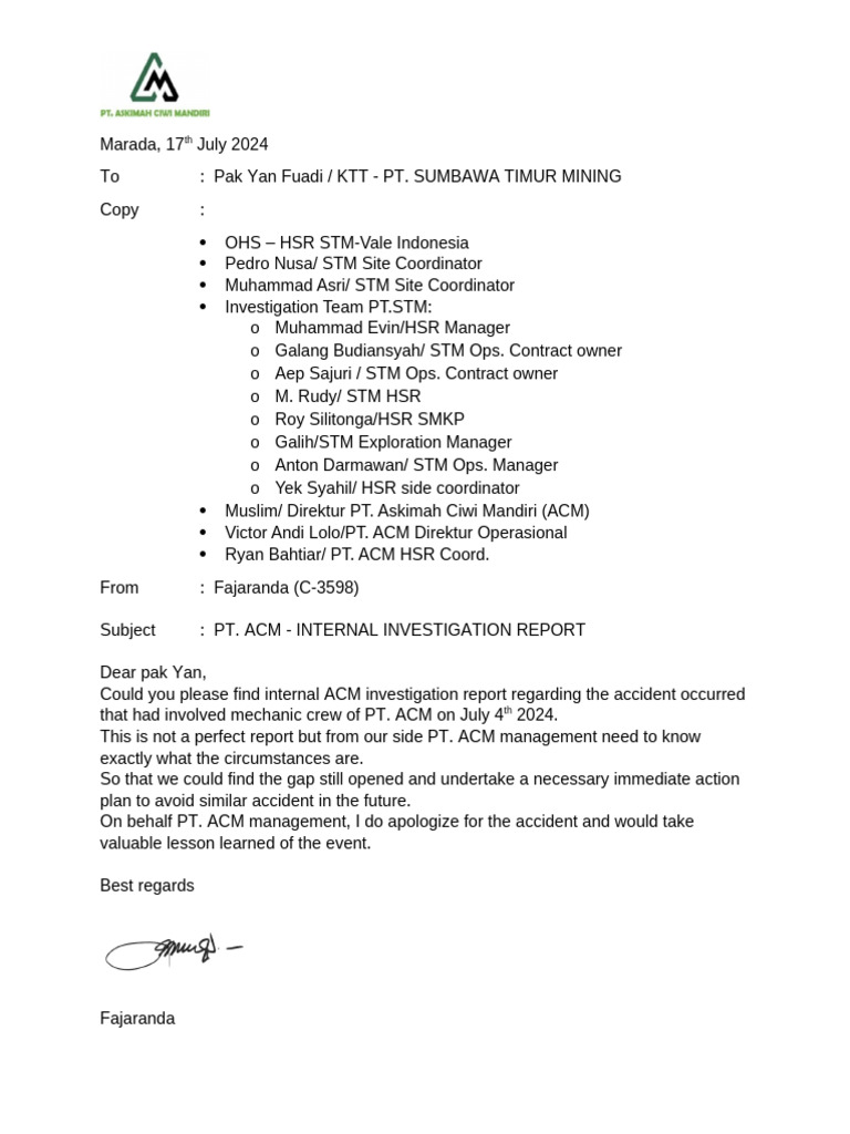 Surat Pengantar Accident report D155 Accident date 4 Jul 2024-1 | PDF