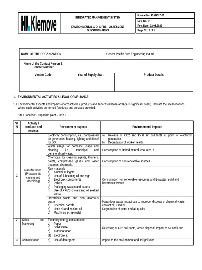 R-EHS-7-01 Environmental & Safety Pre-Assessment Questionnaires | PDF