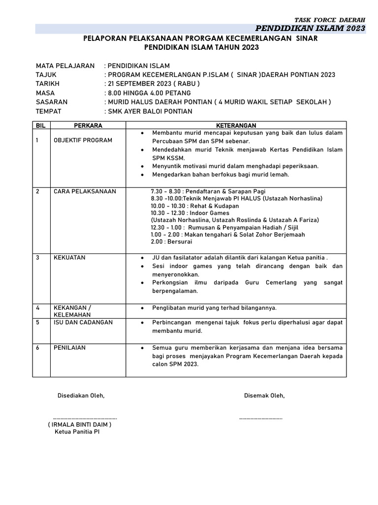 Laporan Prog Sinar Cemerlang Pi Daerah 2023 | PDF