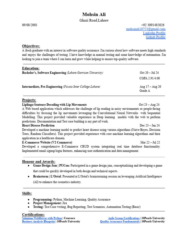 Mohsin Ali - SQA (Fresh) | PDF