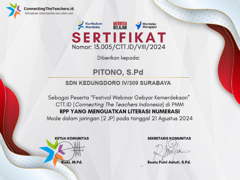 Sertifikat - PITONO, S.PD | PDF