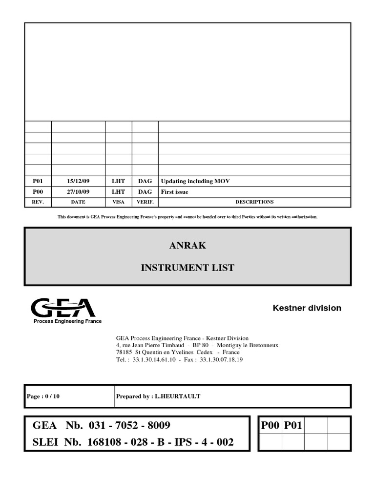Istrument list - Rev P01 | PDF