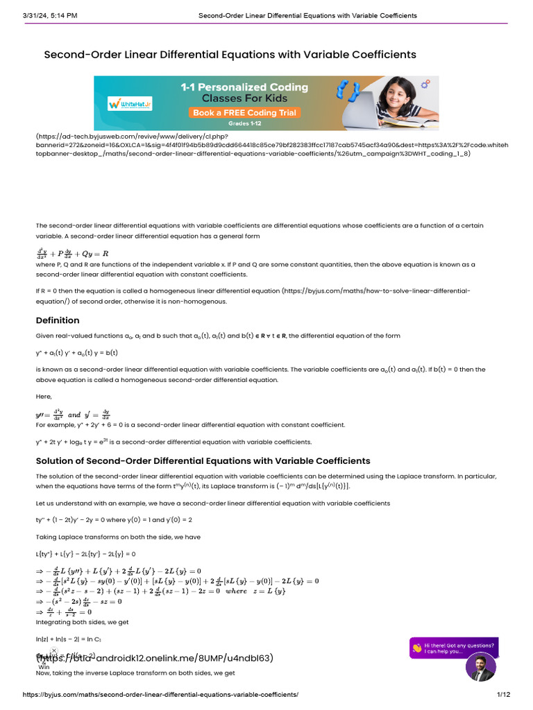 Second-Order Linear Differential Equations with Variable Coefficients | PDF