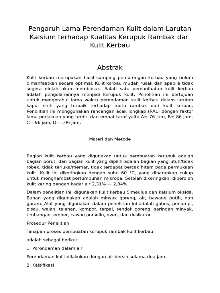 Pengaruh Lama Perendaman Kulit Dalam Larutan Kalsium Terhadap Kualitas Kerupuk Rambak Dari Kulit ...