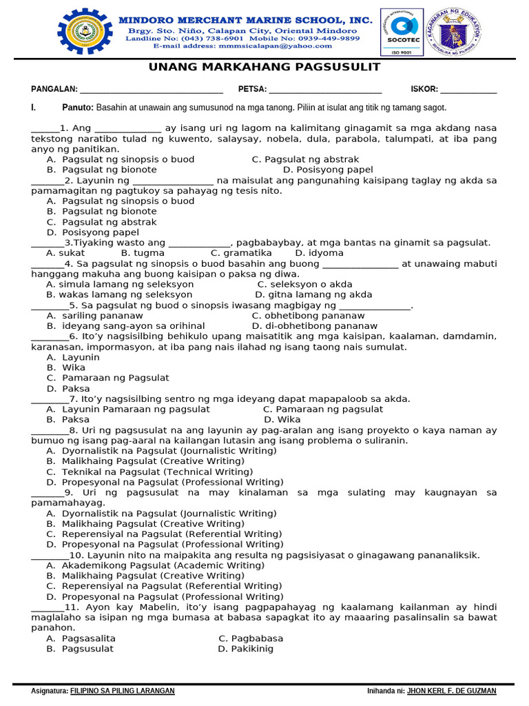 EXAMINATION Prelims Filipino 3 | PDF