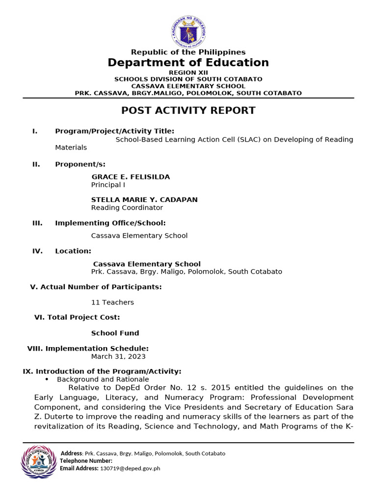 Post Activity Report SLAC Reading 2023 | PDF