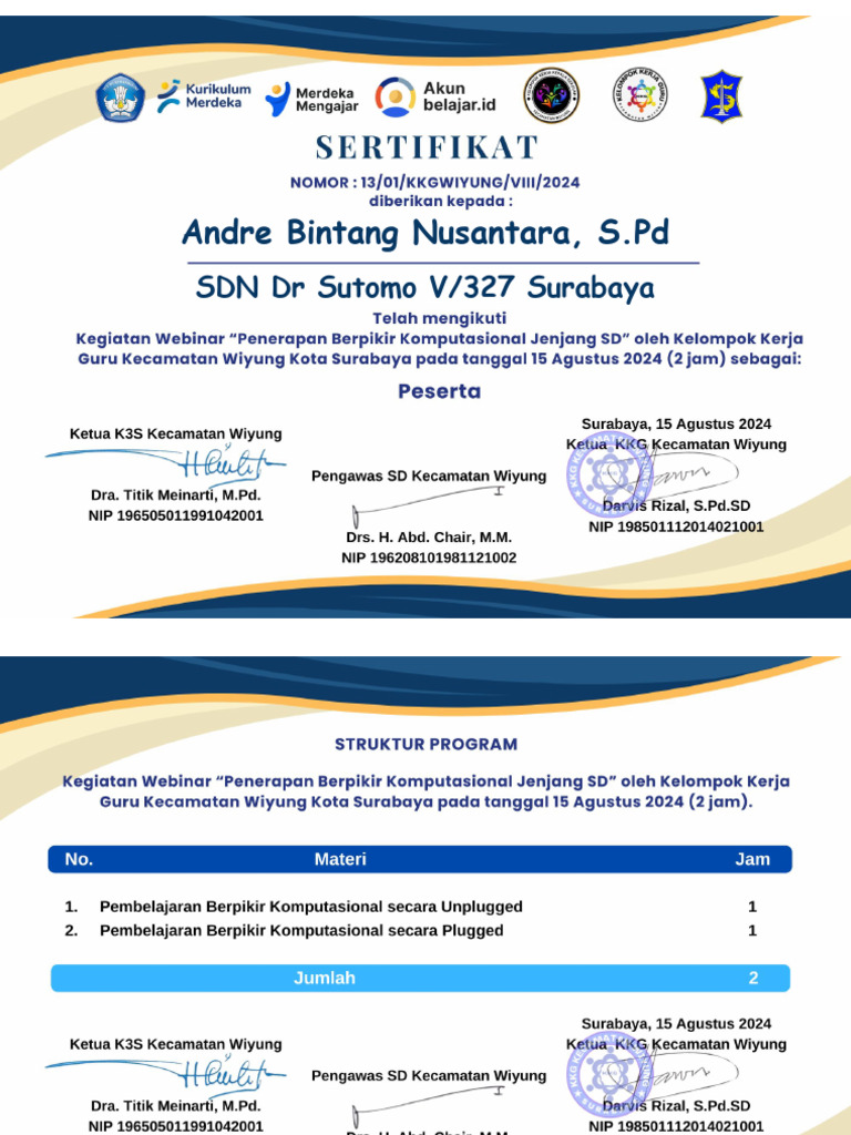 Andre Bintang Nusantara, S.PD Sertifikat Webinar 20240815 | PDF