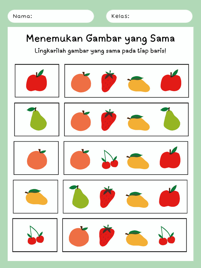 Lembar Kerja PAUD Menemukan Gambar Yang Sama Tema Buah Ilustrasi Hijau ...