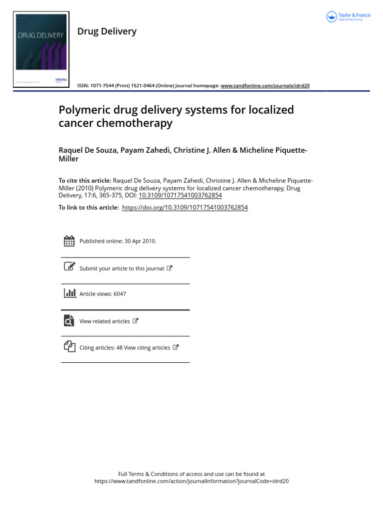 Polymeric Drug Delivery Systems For Localized Cancer Chemotherapy | PDF