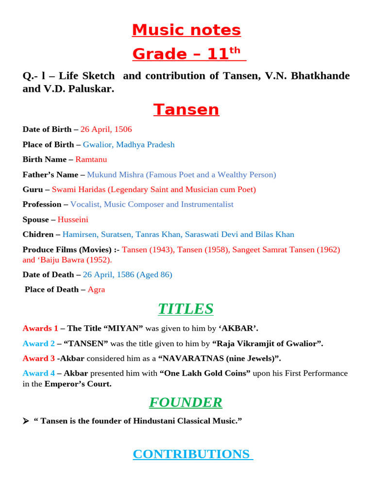 Music Notes Life Sketch of Tansen J V.N. Bhatkhande. V.D. Paluskar and ...