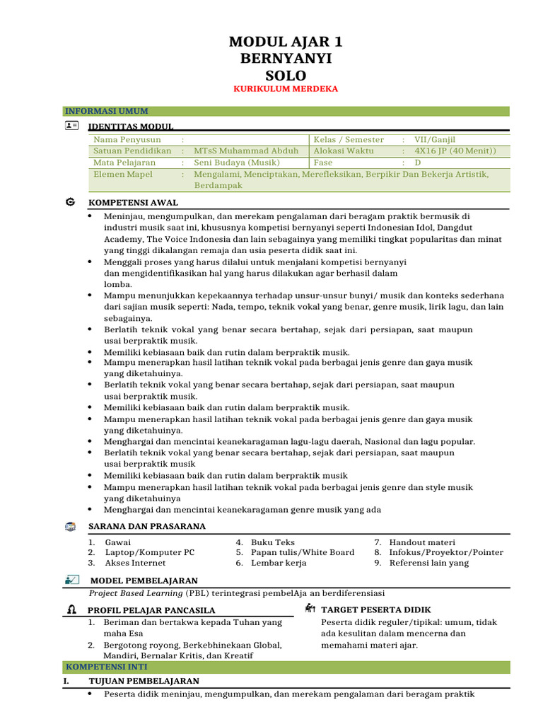 Modul Ajar 1 Bernyanyi Sol1 | PDF
