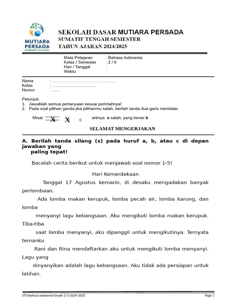 Template Soal Sts 1 Beres Pdf
