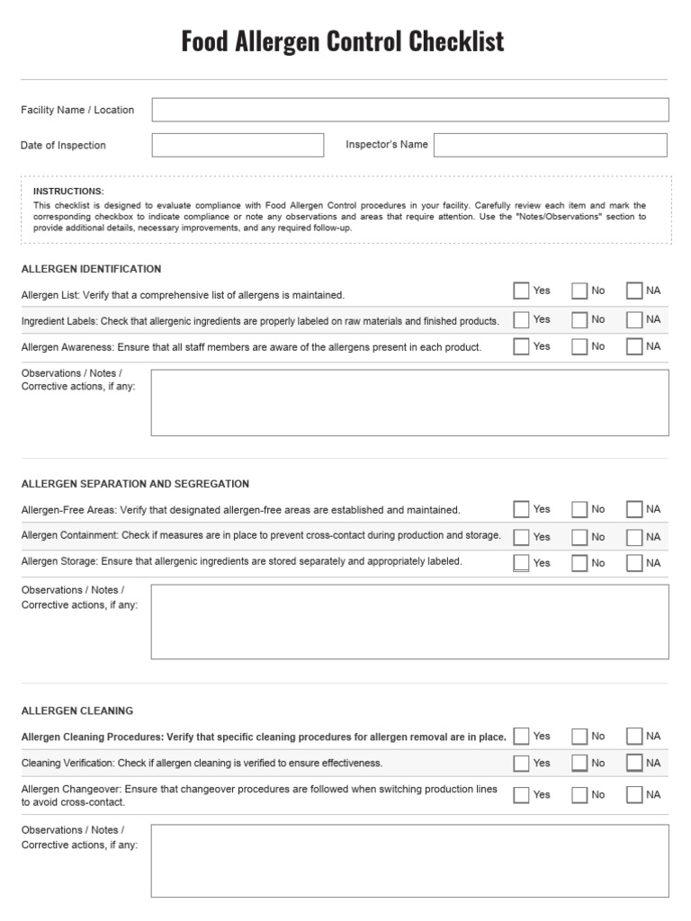 Food Allergen Control Checklist | PDF