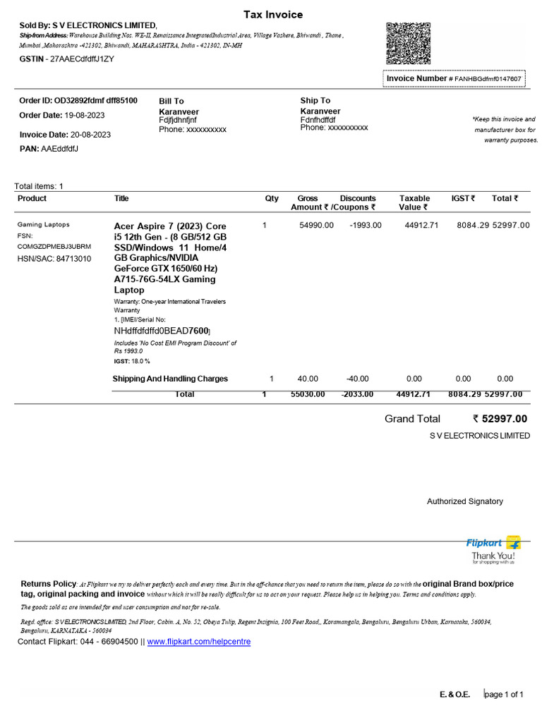Flipkart Bill | PDF