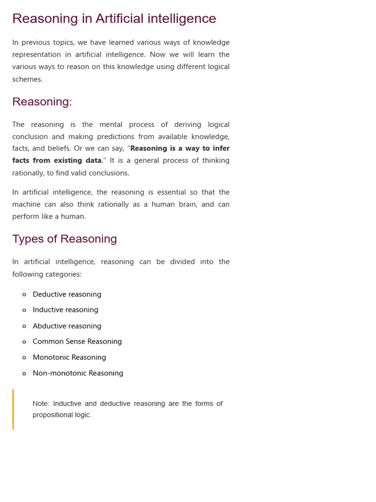 Reasoning in Artificial Intelligence - Javatpoint | PDF