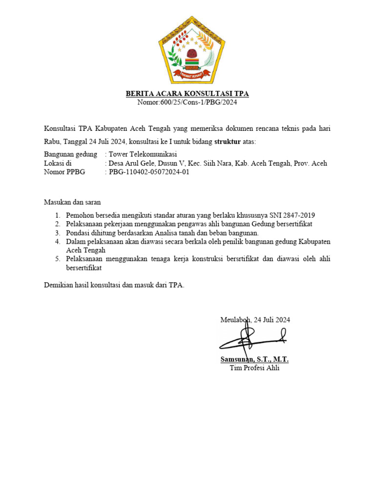 BERITA ACARA KONSULTASI Dan PLENO TPA Tower (Desa Arul Gele) | PDF