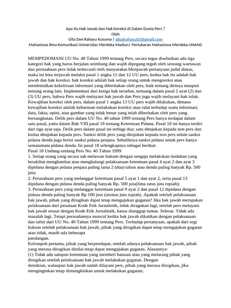 Apa Itu Hak Jawab Dan Hak Koreksi Di Dalam Dunia Pers | PDF