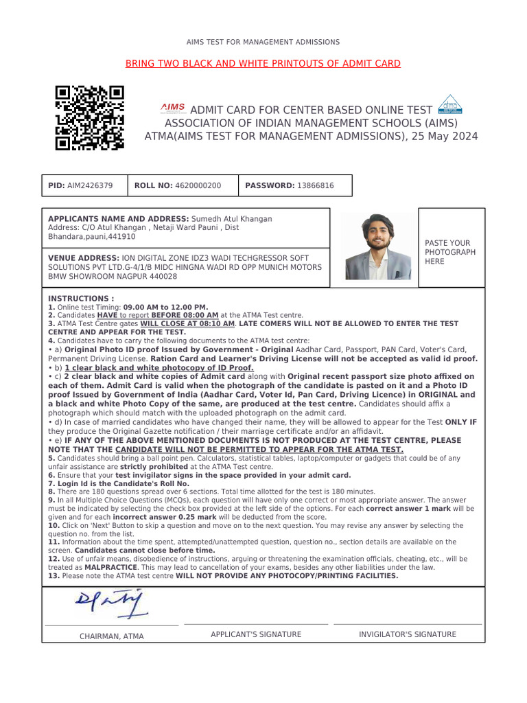 Atma Admit Card | PDF