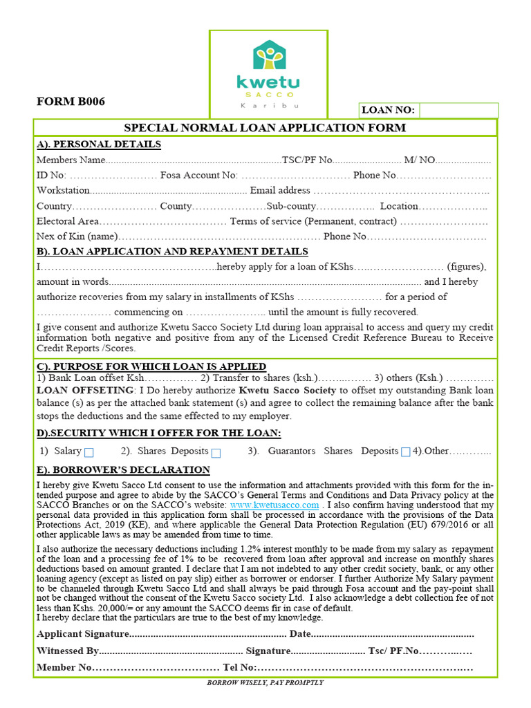Kwetu Sacco Loan Application - Special 2022 | PDF