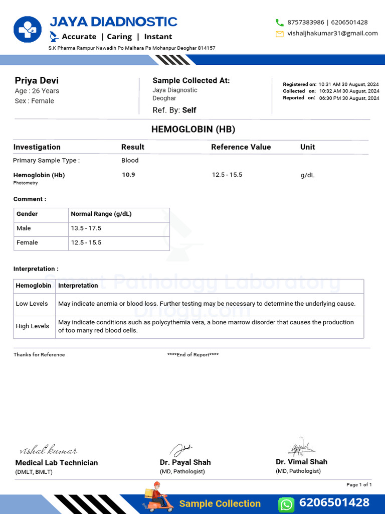 HEMOGLOBIN HB Test Report Format Example Sample Template Drlogy Lab ...