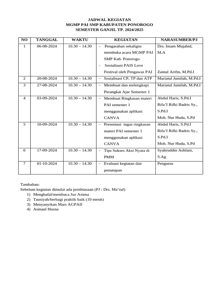 Jadwal Kegiatan Smt 1 24-25(1) | PDF