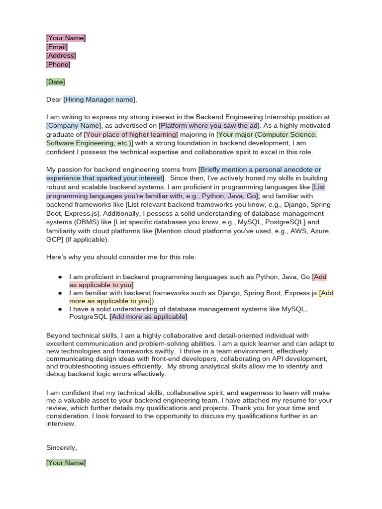 Backend Engineering Internship Cover Letter | PDF
