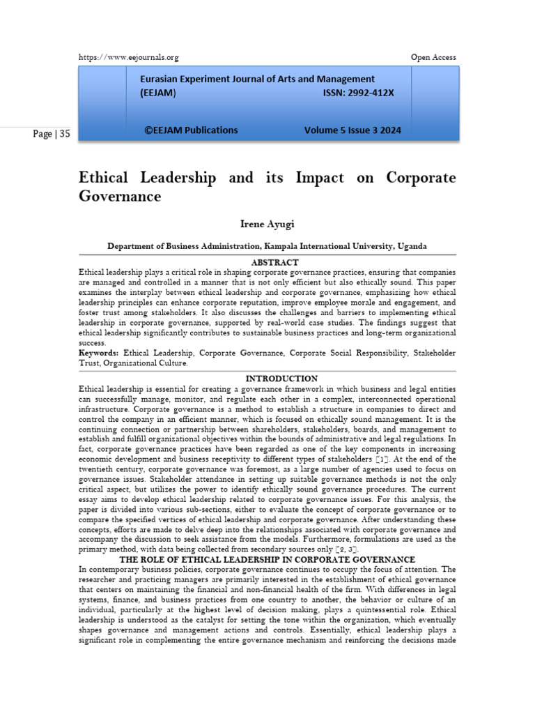 Ethical Leadership and Its Impact On Corporate Governance | PDF ...