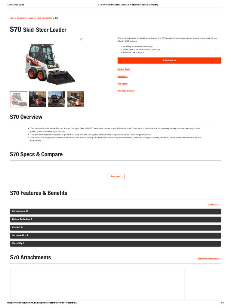 S70 Skid-Steer Loader (Specs & Features) - Bobcat Company | PDF