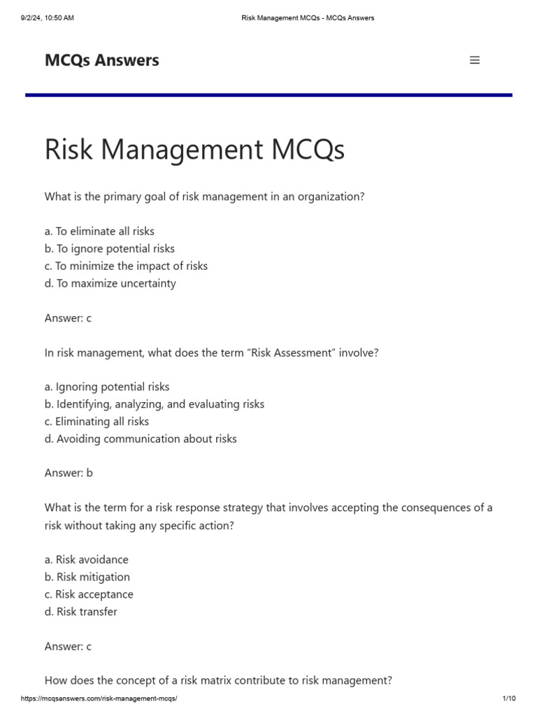 Risk Management MCQs - MCQs Answers | PDF