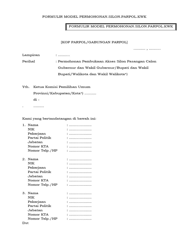 Formulir Model Permohonan - Silon.parpol - KWK | PDF Formulir Model Permohonan - Silon.parpol - KWK | PDF
