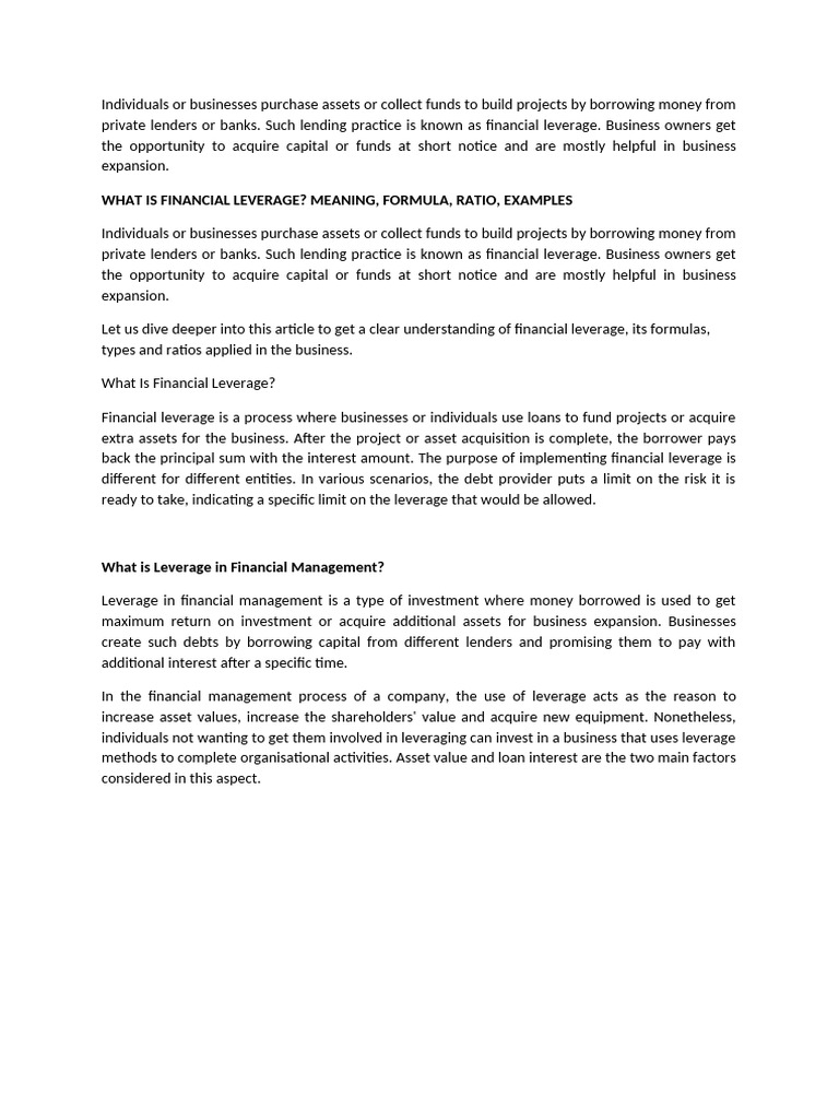 Financial Leverage Pdf Leverage Finance Business
