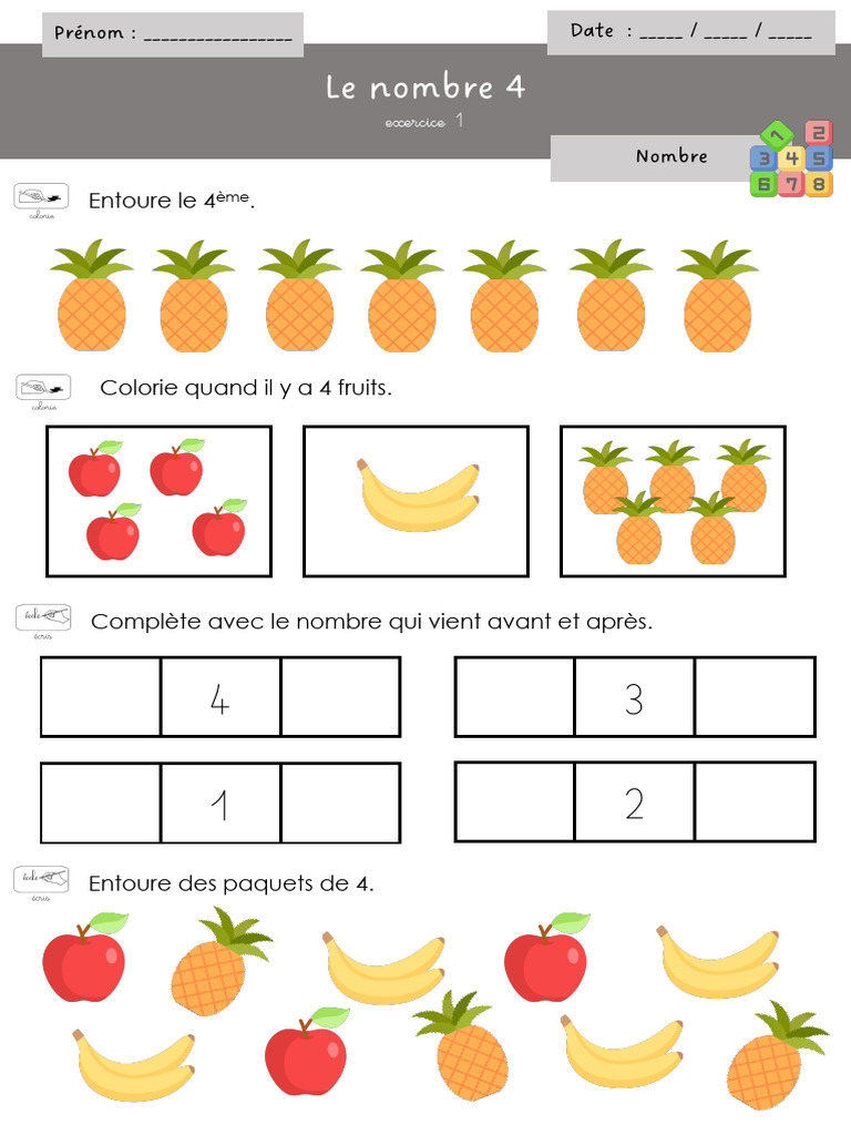 Activités autour du nombre 4 en maternelle | PDF
