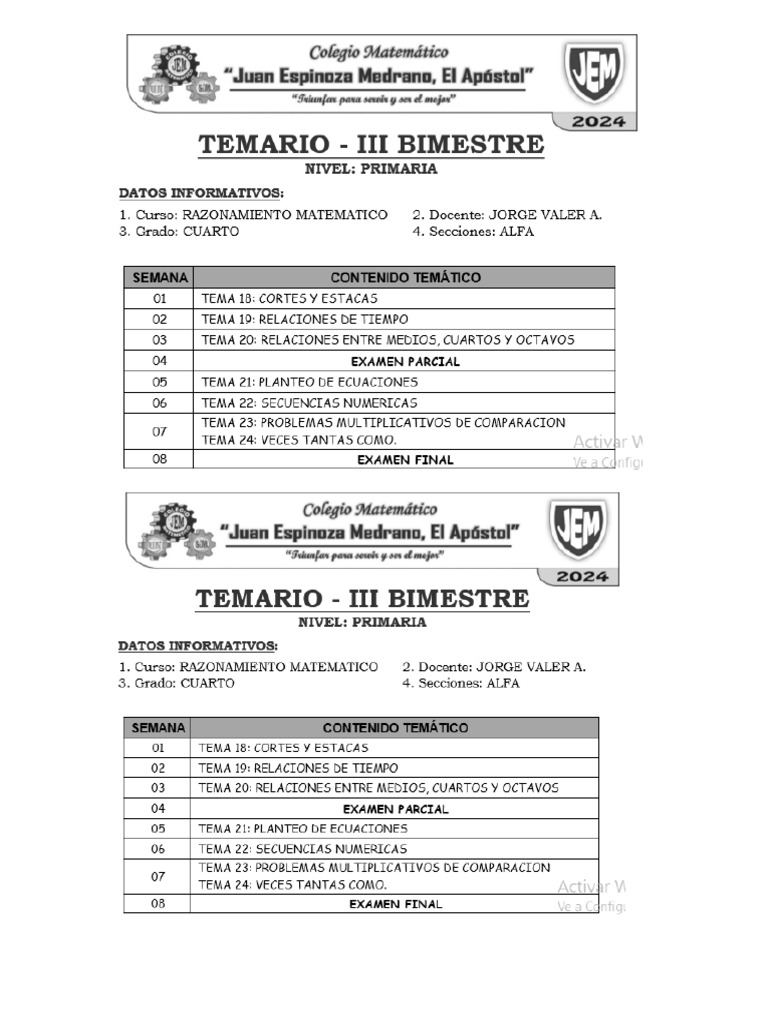 Temario 4prim. | PDF