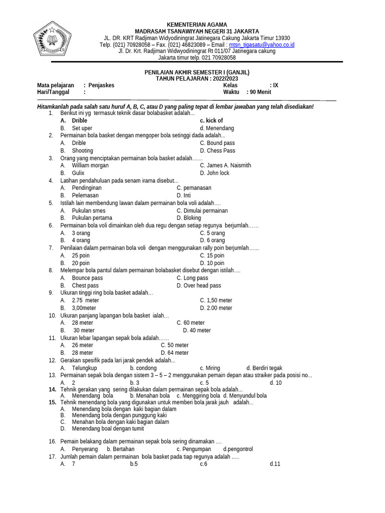 Soal Penjas sm1 2021 Ayr | PDF