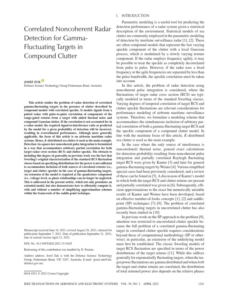 Correlated Noncoherent Radar Detection For Gamma Fluctuating Targets In Compound Clutter Pdf