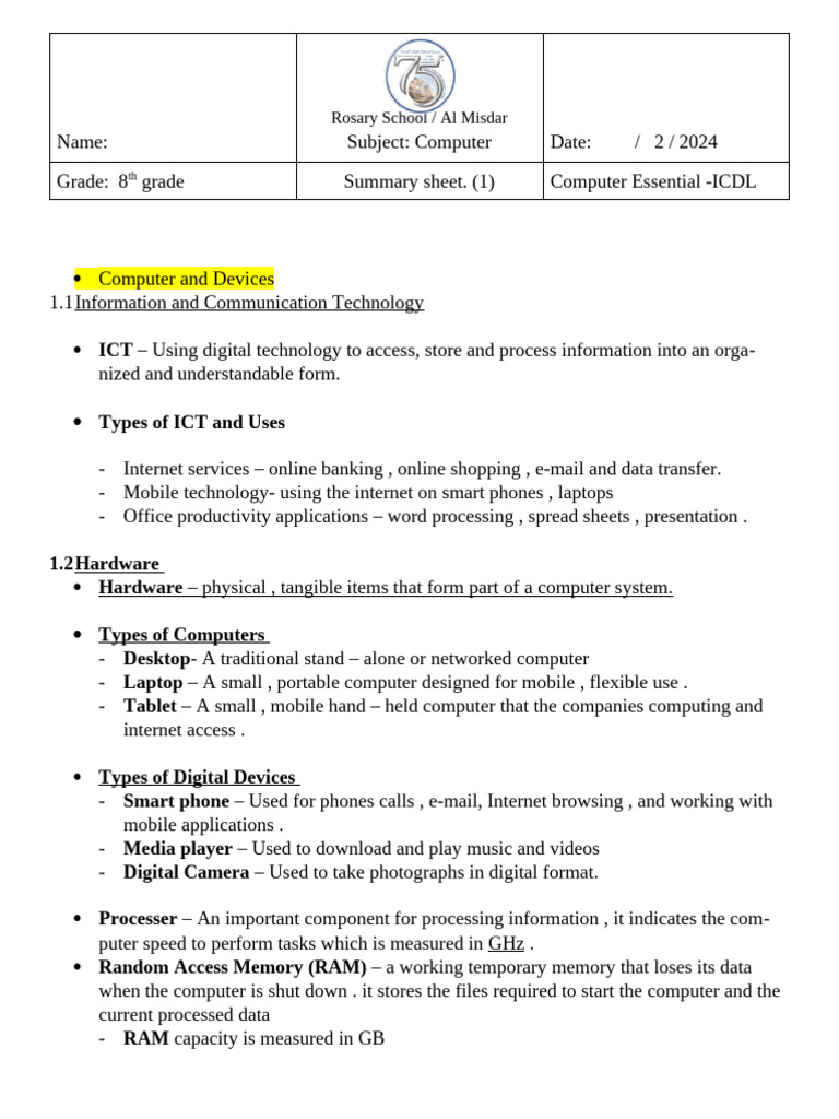 8th CS Summarysheet 1 | PDF