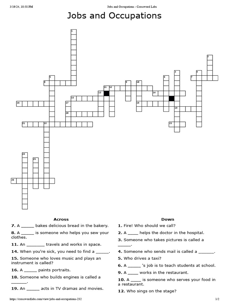 Jobs and Occupations Crossword | PDF