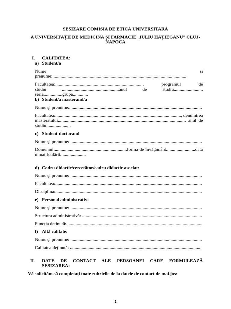 Model Sesizare Comisia de Etica | PDF