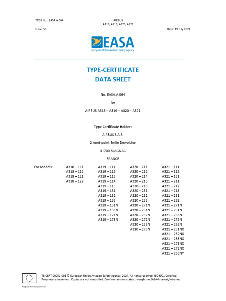 TCDS EASA A 064 Airbus A318 A319 A320 A321 Iss 55 | PDF