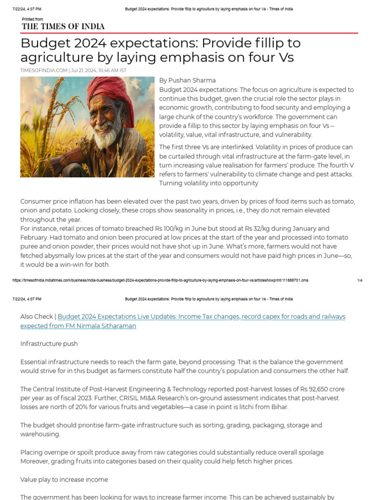 Budget 2024 Expectations - Provide Fillip To Agriculture by Laying ...