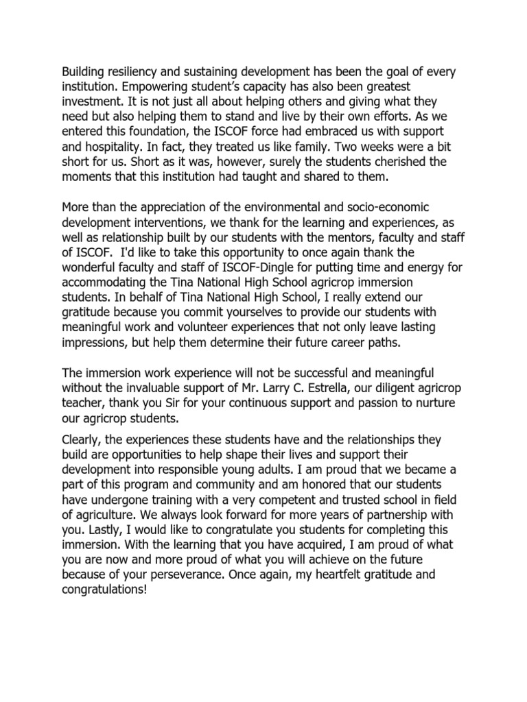 Appreciation Message For Work Immersion | PDF