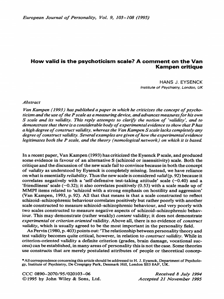 Eysenck - 1995 - How Valid Is The Psychoticism Scale A Comment On The ...